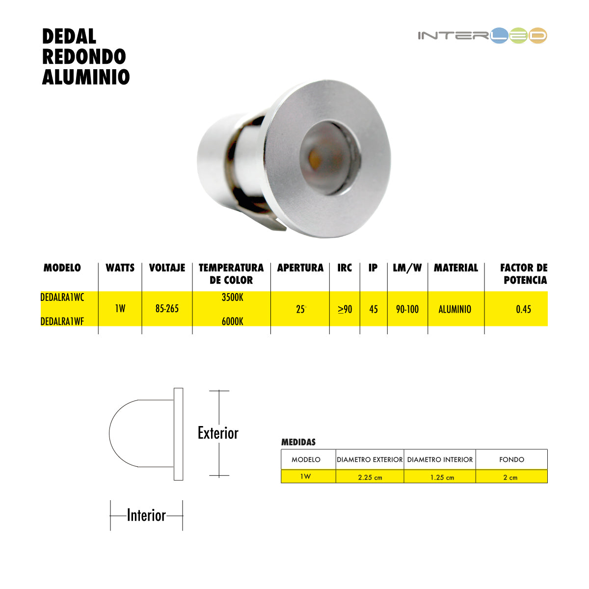 Dedal Redondo de Aluminio 1w Frio 10 Piezas – Interled Mexico