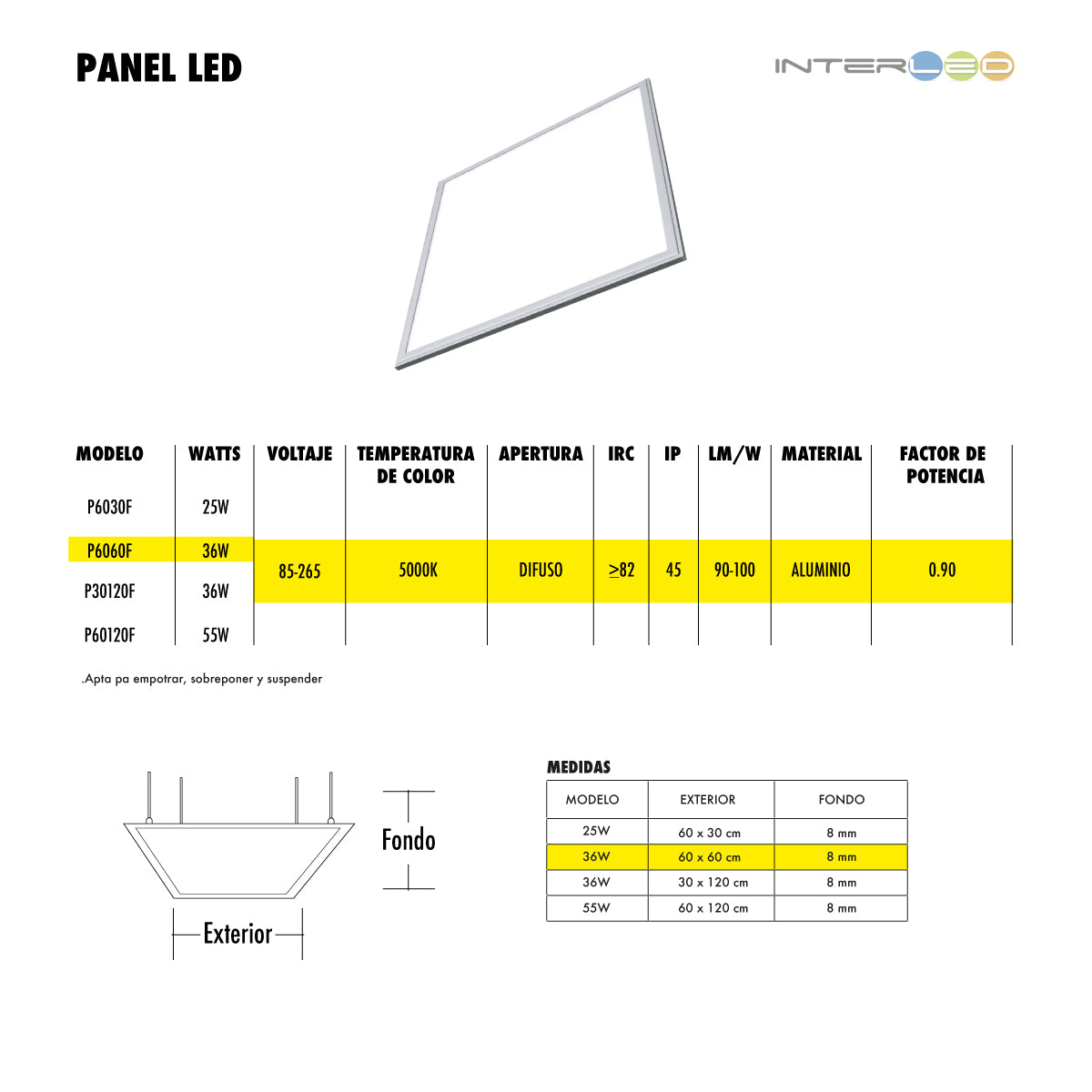 Interled - Panel LED 60X60CM Marco Blanco Frio – Interled Mexico